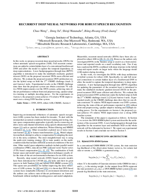 Pdf Recurrent Deep Neural Networks For Robust Speech Recognition