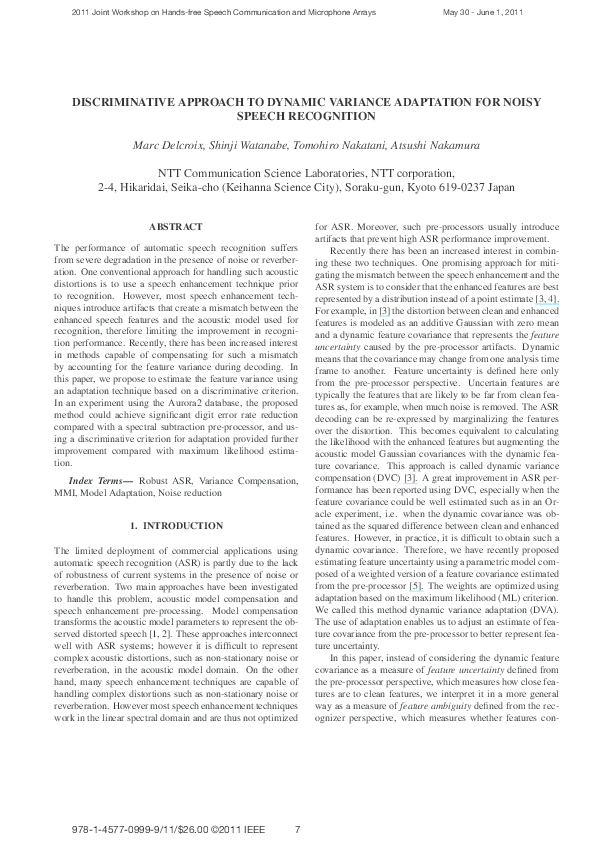(PDF) Discriminative approach to dynamic variance adaptation for noisy speech recognition