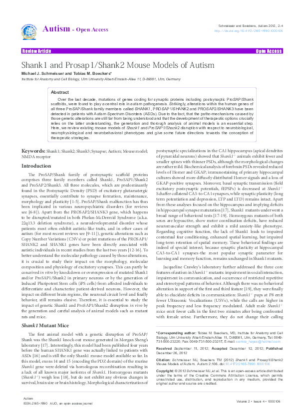 (PDF) Shank1 and ProSAP1/Shank2 Mouse Models of Autism