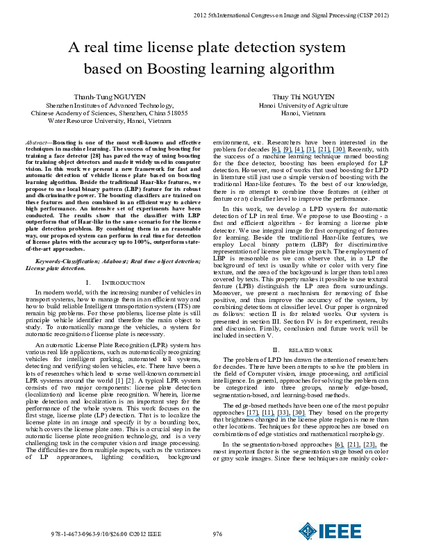 (PDF) A real time license plate detection system based on boosting learning algorithm