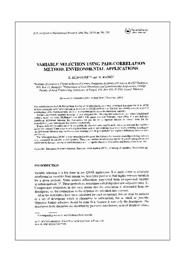 (PDF) Variable selection using pair-correlation method. Environmental applications