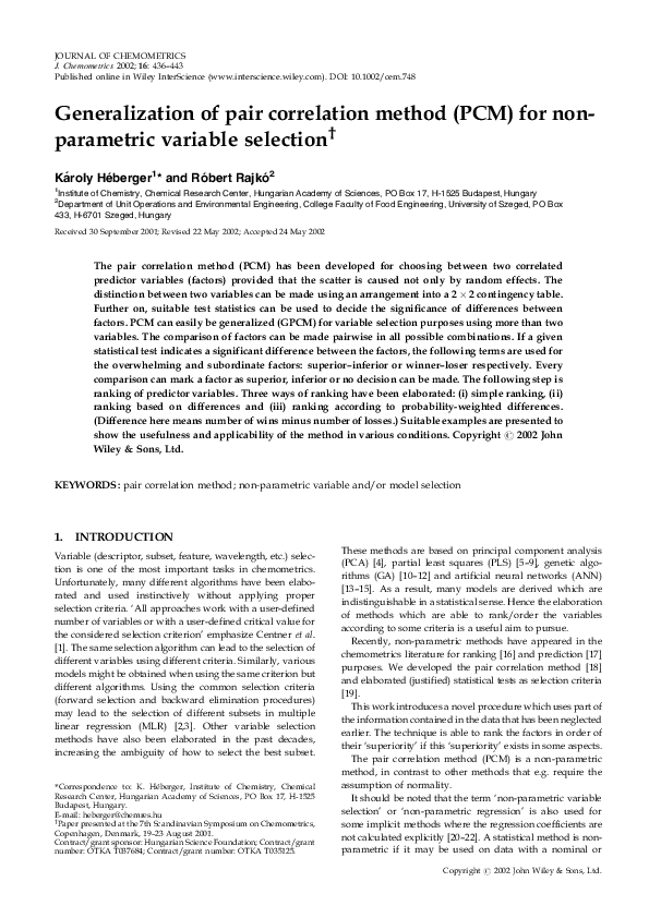 (PDF) Generalization of pair correlation method (PCM) for non-parametric variable selection