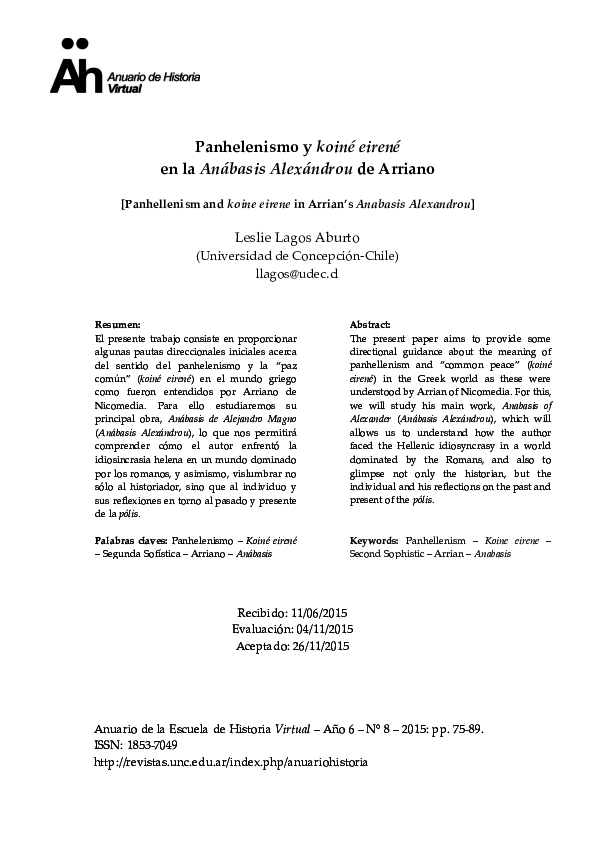 "Panhelenismo y koiné eirené en la Anábasis Alexándrou de Arriano ...