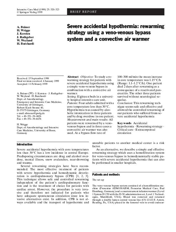 (PDF) Early Use of Hemodialysis for Active Rewarming in Severe ...