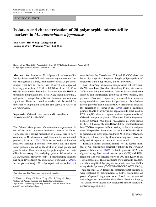 Pdf Isolation And Characterization Of 20 Polymorphic Microsatellite Markers In Macrobrachium