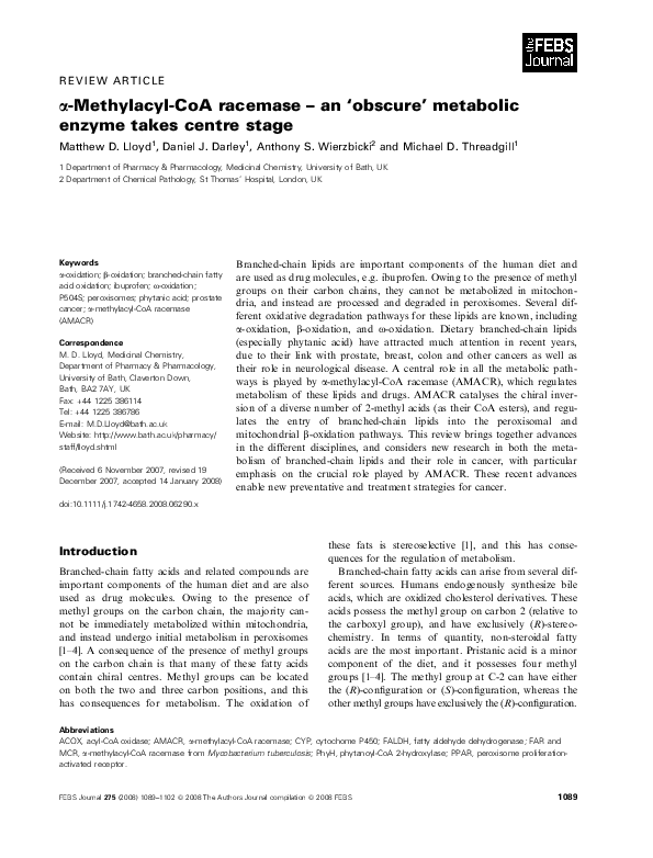 (PDF) α-Methylacyl-CoA racemase - an ‘obscure’ metabolic enzyme takes ...