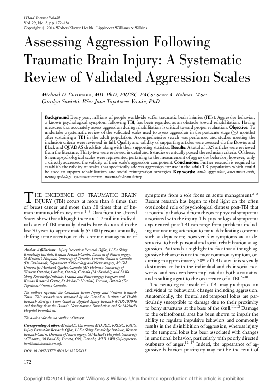 (PDF) Aggression Assessment After Traumatic Brain Injury