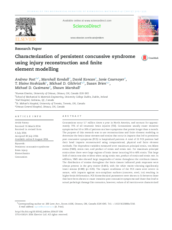 (PDF) Characterization of persistent concussive syndrome using injury reconstruction and finite ...
