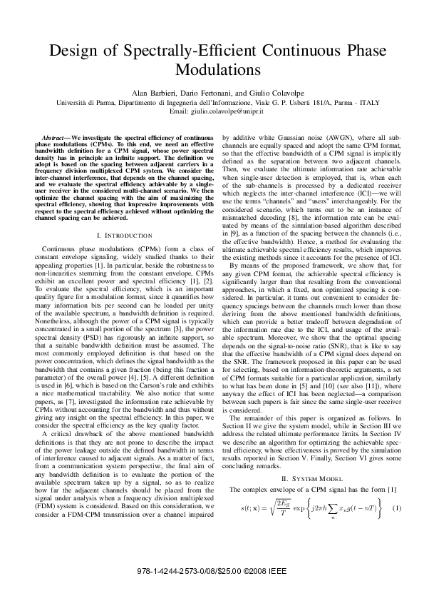 (PDF) Design of spectrally-efficient continuous phase modulations