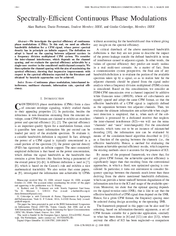 (PDF) Spectrally-efficient continuous phase modulations