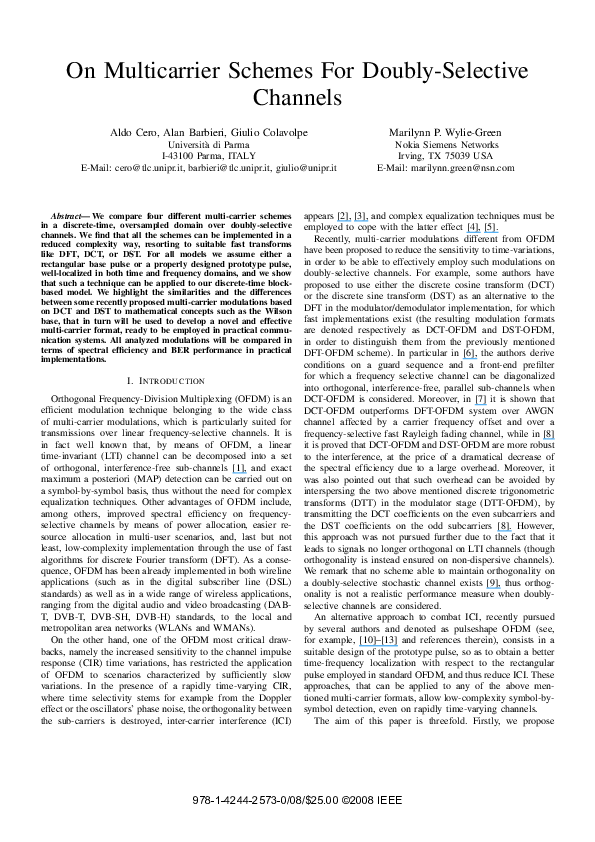 (PDF) On multicarrier schemes for doubly-selective channels