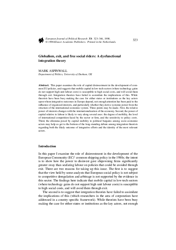 (PDF) Globalism, Exit, and Free Social Riders: A Dysfunctional ...