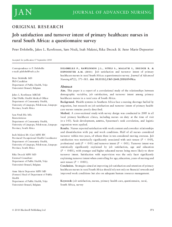 (PDF) Job satisfaction and turnover intent of primary healthcare nurses ...