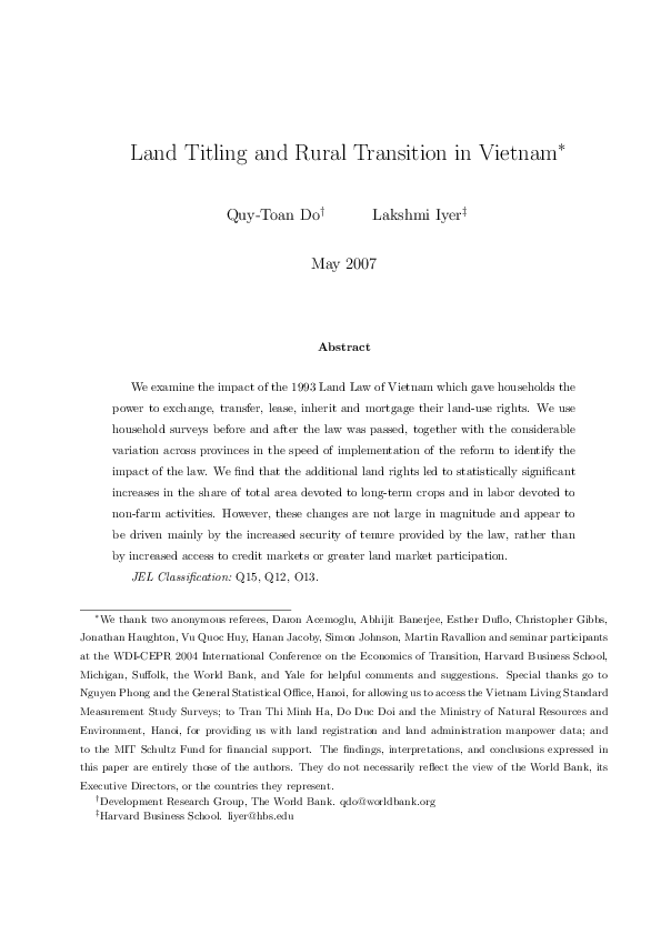 (PDF) Land Titling and Rural Transition in Vietnam