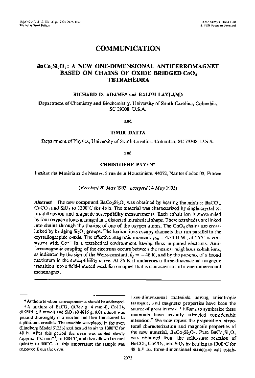 (PDF) BaCo2Si2O7: A new one-dimensional antiferromagnet based on chains ...