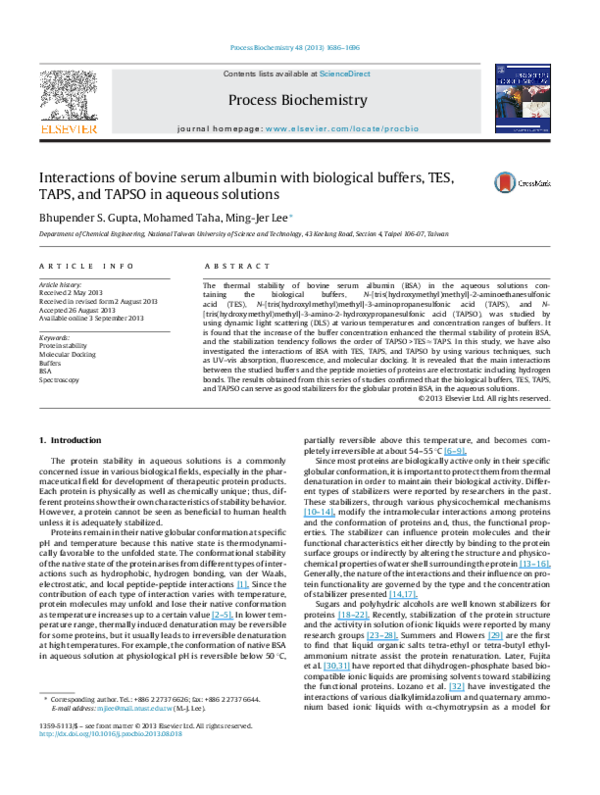 (PDF) Interactions of bovine serum albumin with biological buffers, TES ...