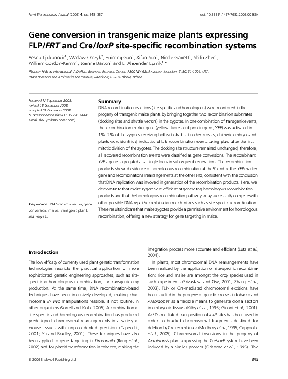 (PDF) Gene conversion in transgenic maize plants expressing FLP/FRT and ...