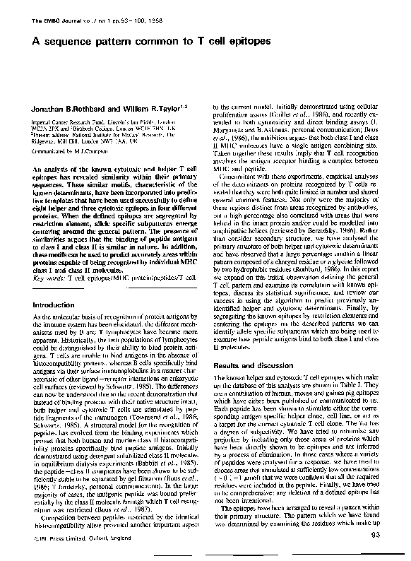 (PDF) A sequence common to T cell epitopes | Jonathan Rothbard ...