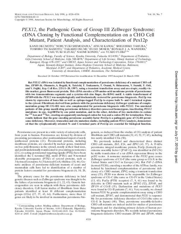 (PDF) PEX12, the pathogenic gene group III Zellweger syndrome: cDNA cloning by functional ...