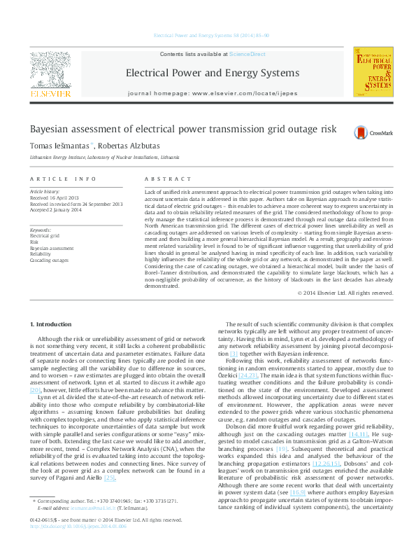 (PDF) Bayesian assessment of electrical power transmission grid outage risk