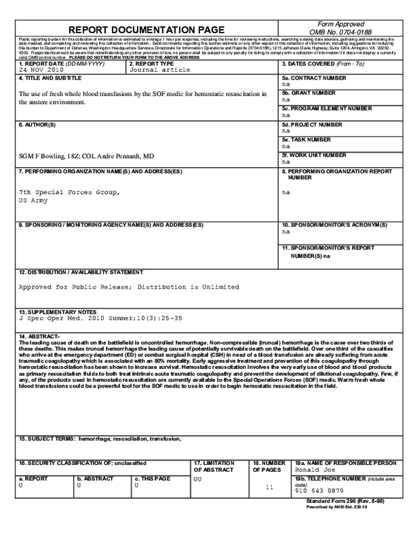 (PDF) The use of fresh whole blood transfusions by the SOF medic for ...