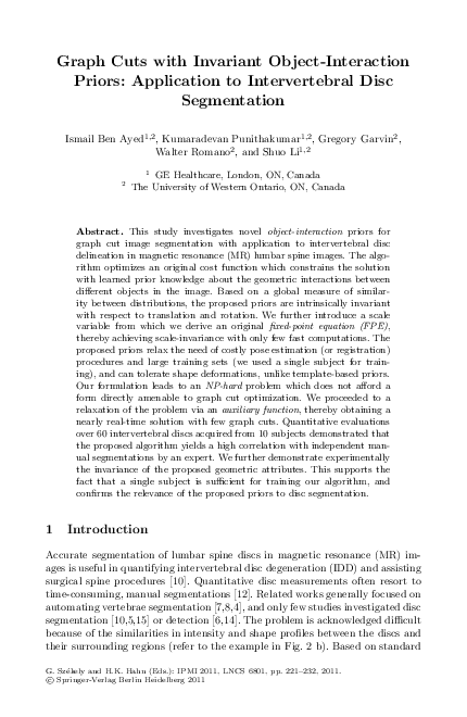 (PDF) Graph Cuts with Invariant Object-Interaction Priors: Application to Intervertebral Disc ...