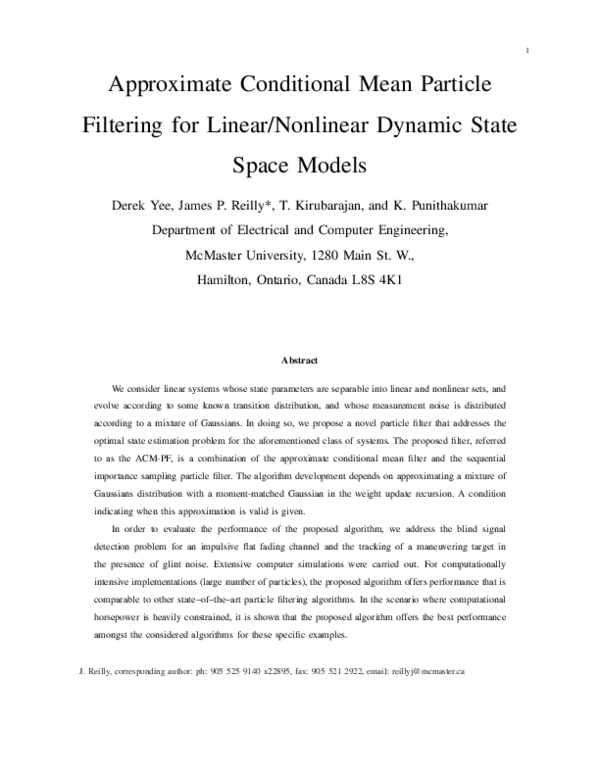 Pdf Approximate Conditional Mean Particle Filtering For Linear