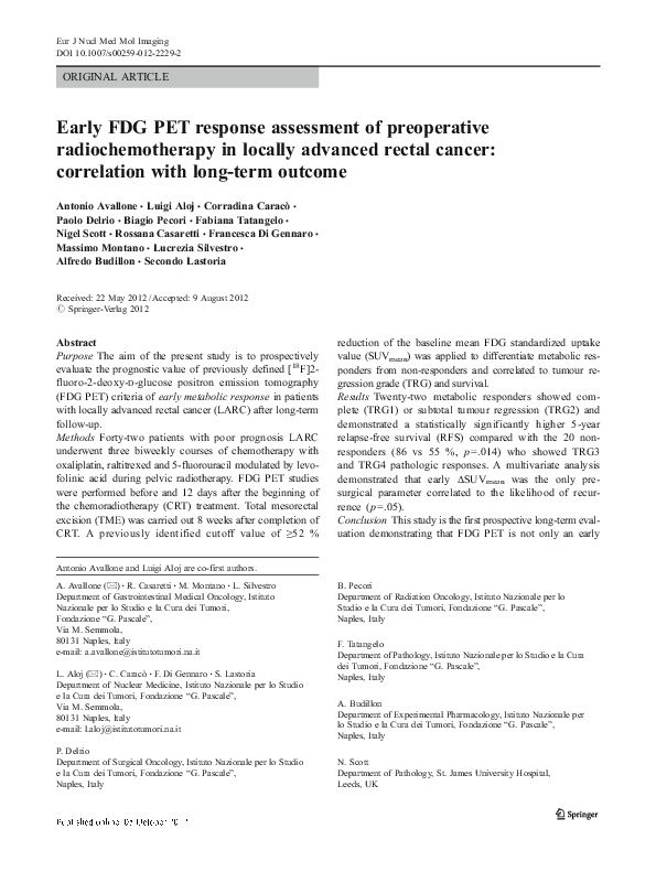 (PDF) Early FDG PET response assessment of preoperative radiochemotherapy in locally advanced ...