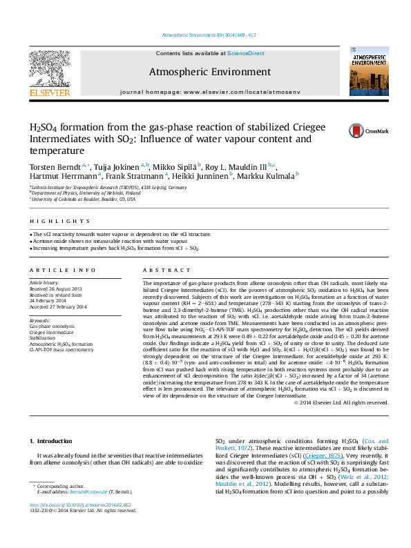 (PDF) H2SO4 formation from the gas-phase reaction of stabilized Criegee ...