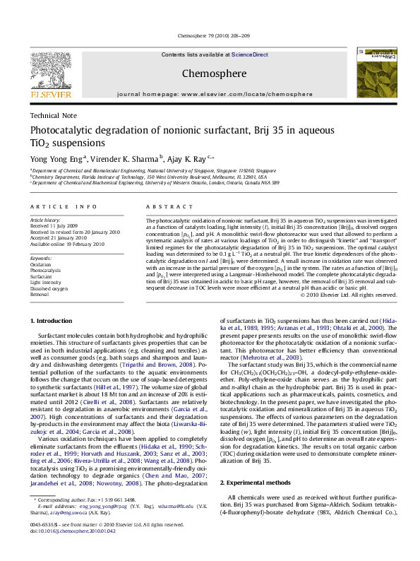 (PDF) Photocatalytic degradation of nonionic surfactant, Brij 35 in ...