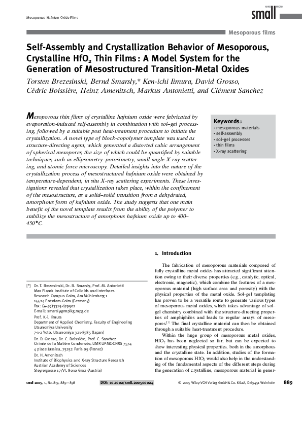 (PDF) Self-Assembly and Crystallization Behavior of Mesoporous ...