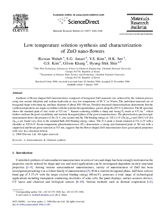 (PDF) Low temperature solution synthesis and characterization of ZnO ... (PDF) Low temperature solution synthesis and characterization of ZnO ...
