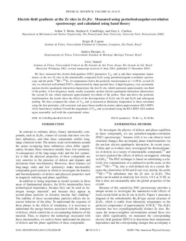 Pdf Electric Field Gradients At The Zr Sites In Zr3fe Measured Using