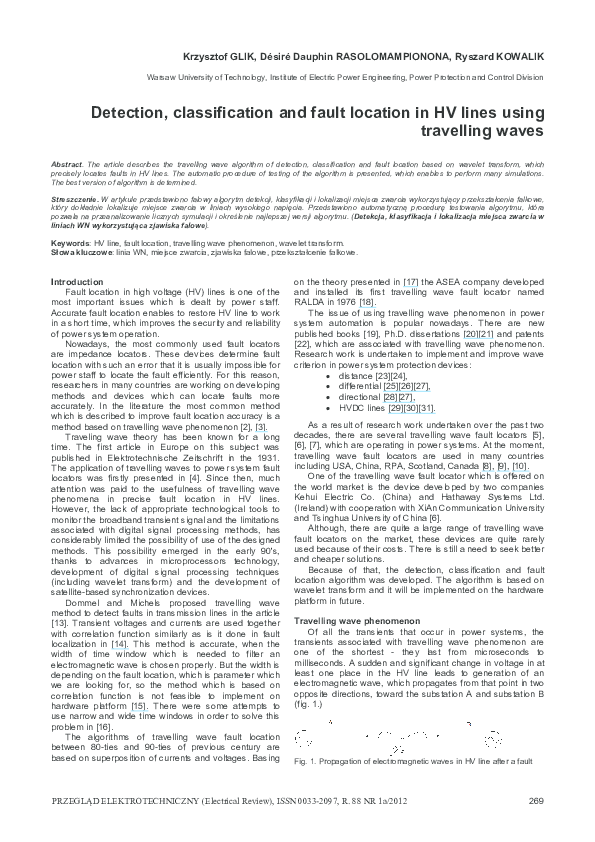 Pdf Detection Classification And Fault Location In Hv Lines Using Travelling Waves