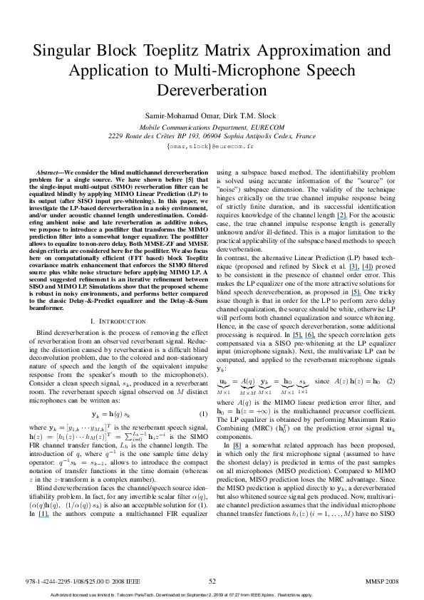 Pdf Singular Block Toeplitz Matrix Approximation And Application To Multi Microphone Speech