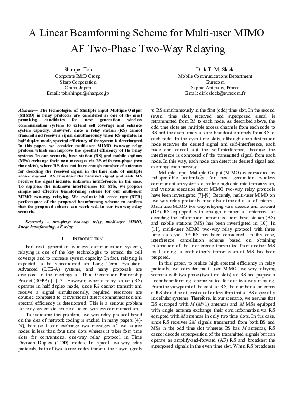 Pdf A Linear Beamforming Scheme For Multi User Mimo Af Two Phase Two Way Relaying