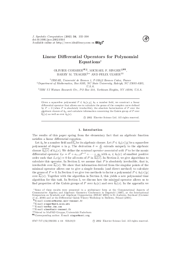 (PDF) Linear Differential Operators for Polynomial Equations