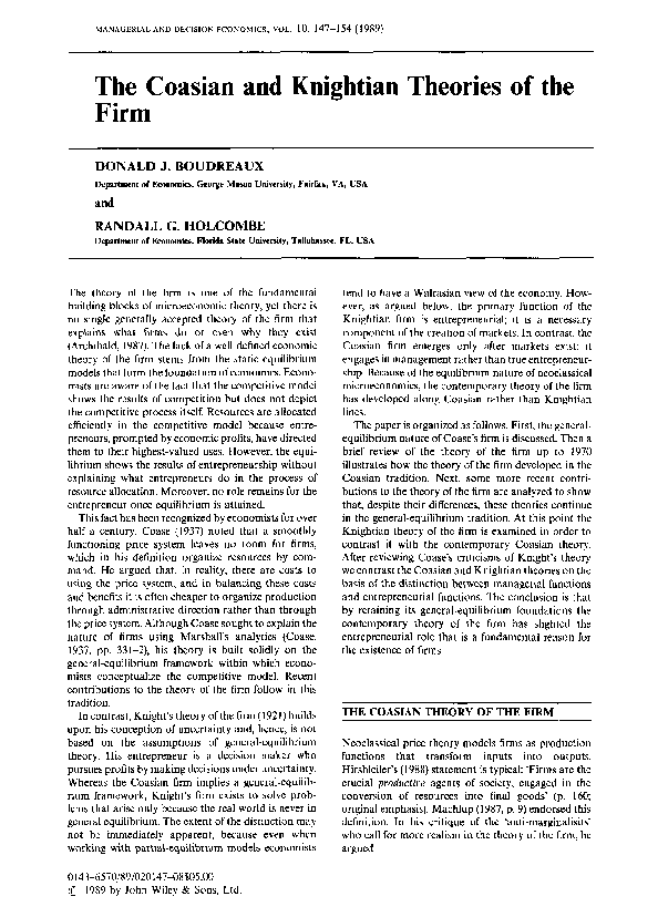 (PDF) The coasian and knightian theories of the firm