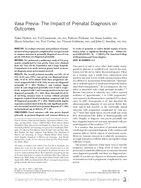 (PDF) Vasa Previa: The Impact of Prenatal Diagnosis on Outcomes