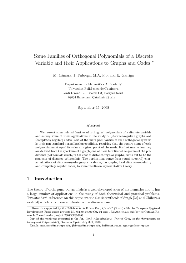 (PDF) Some Families of Orthogonal Polynomials of a Discrete Variable and their Applications to ...