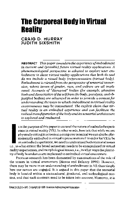 (PDF) The Corporeal Body in Virtual Reality