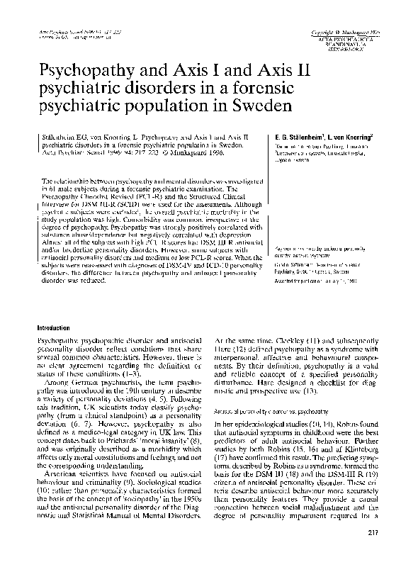 (PDF) Psychopathy and Axis I and Axis II psychiatric disorders in a ...