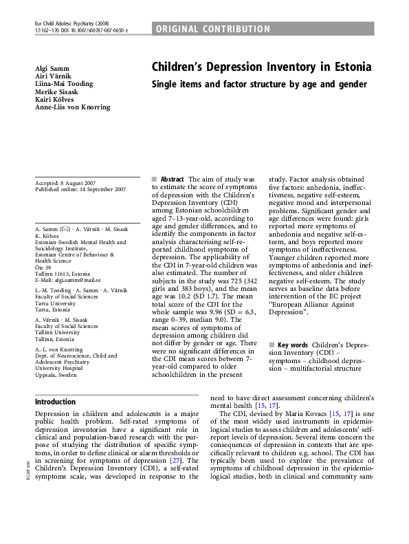 (PDF) Children's Depression Inventory in Estonia. Single items and ...