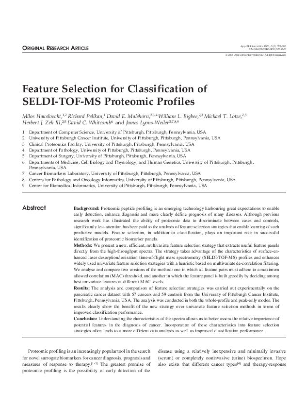 (PDF) Feature Selection for Classification of SELDI-TOF-MS Proteomic ...