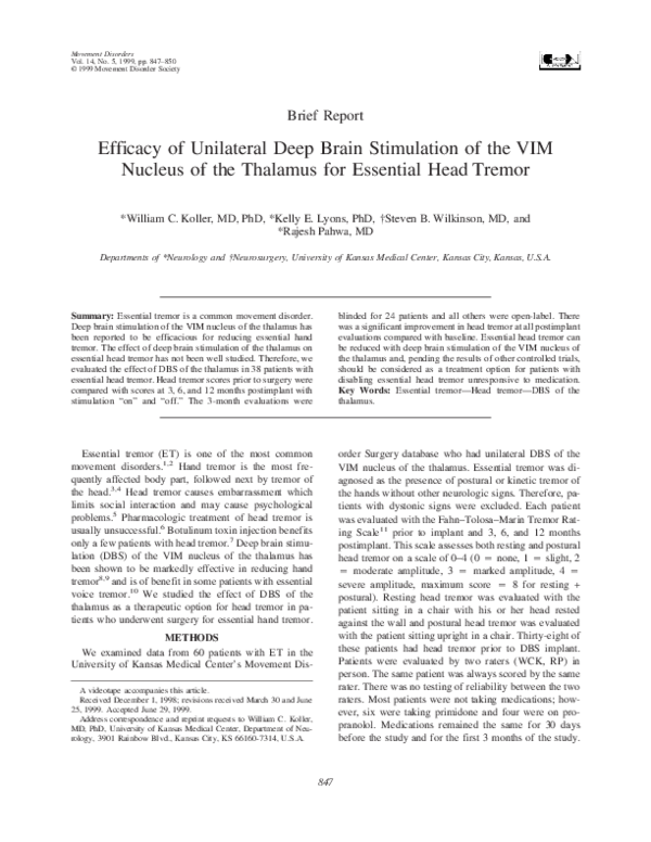 (PDF) Efficacy of unilateral deep brain stimulation of the vim nucleus ...