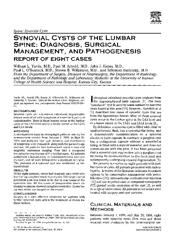(PDF) Synovial cysts of the lumbar spine: Diagnosis, surgical ...