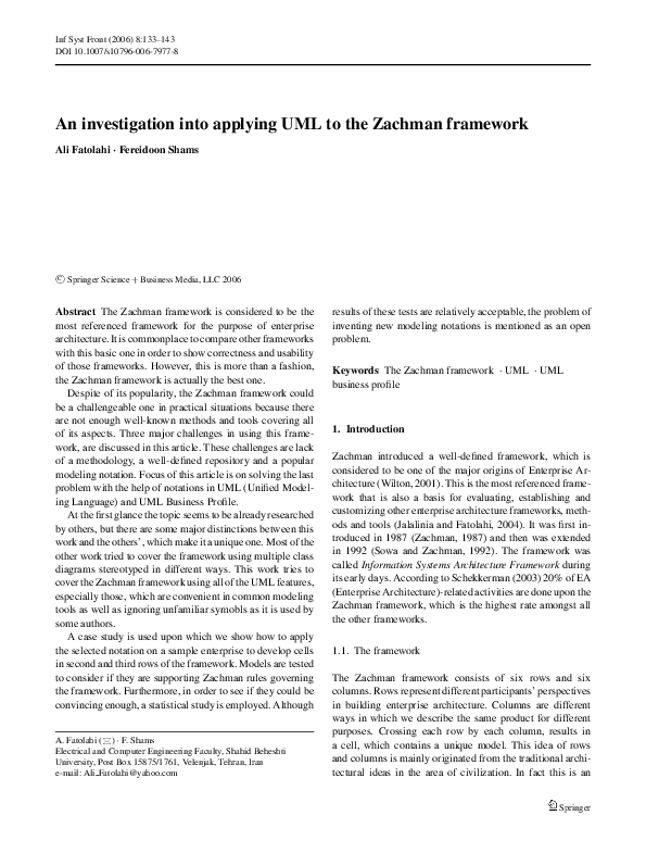 (PDF) An investigation into applying UML to the Zachman framework