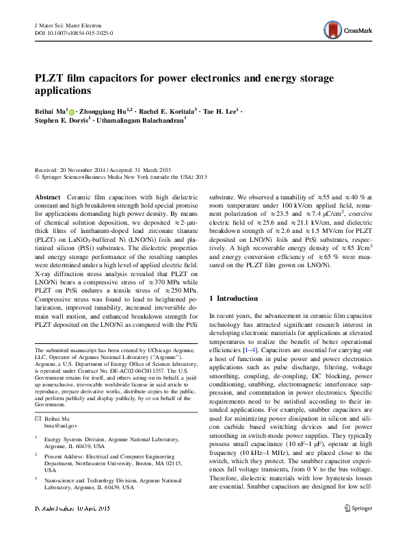 (PDF) PLZT film capacitors for power electronics and energy storage ...