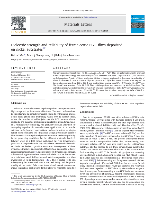 (PDF) Dielectric strength and reliability of ferroelectric PLZT films ...
