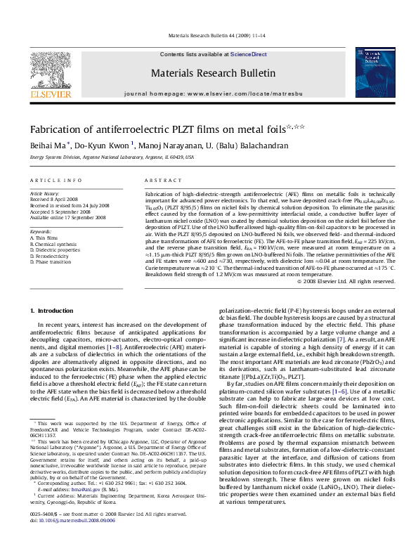 (PDF) Fabrication of antiferroelectric PLZT films on metal foils